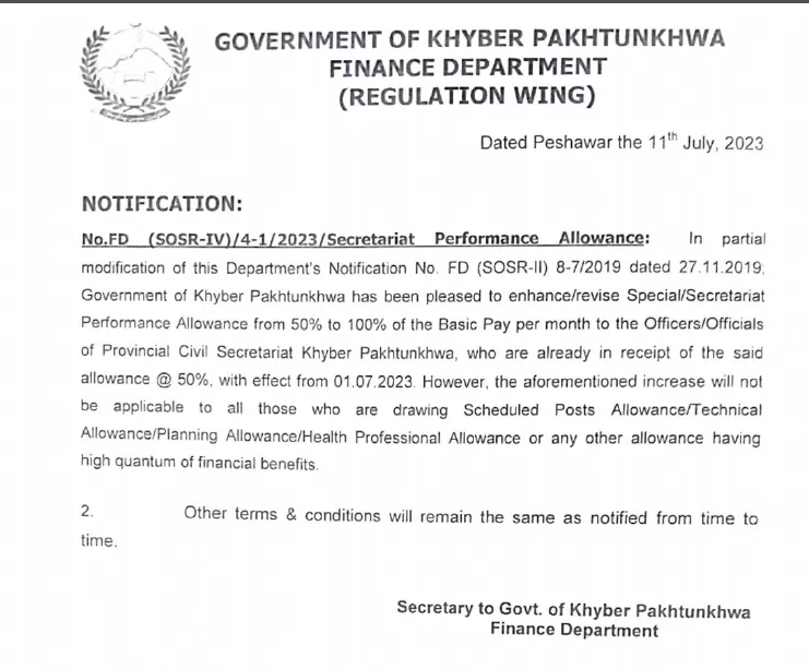Revised Special Secretariat Performance Allowance KPK 2023 100% Revised Special Secretariat Performance Allowance KPK 2023 100%